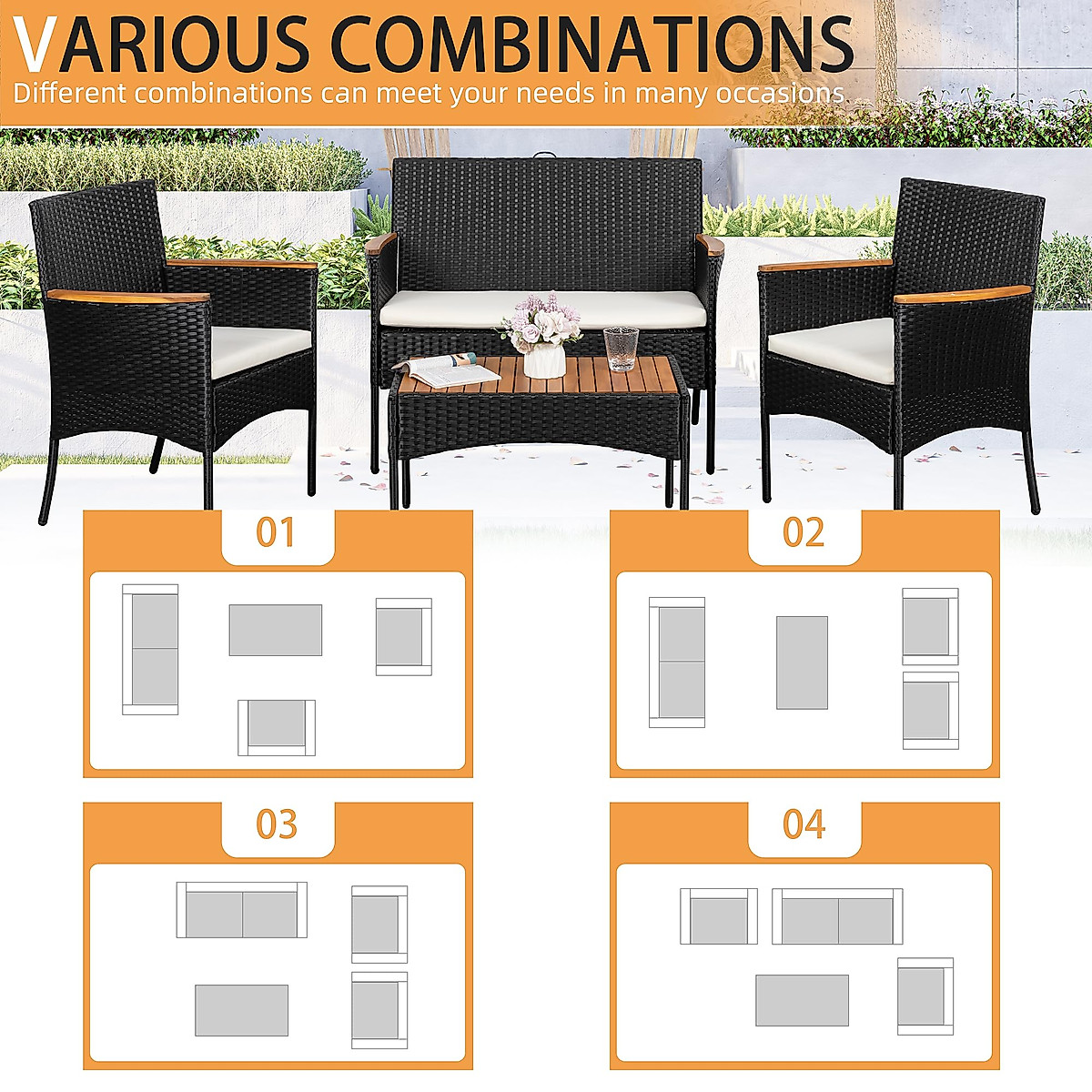 Shintenchi 4-Piece Patio Furniture Set, Outdoor Wicker Patio Conversation Furniture Set with Cushions and Wooden Tabletop for Paito Lawn Backyard Pool Garden, White Cushion