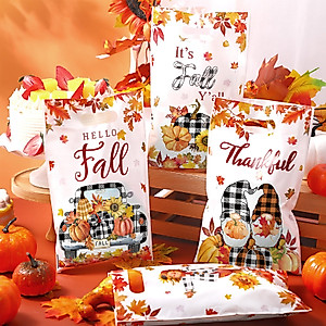 Qilery 100 Pcs Thanksgiving Party Plastic Favor Bags Fall Party Treat Bags Autumn Party Candy Bags Maple Leaves Pumpkin Goody Bags with Handles for Thanksgiving Day Autumn Harvest Fall Party Supplies