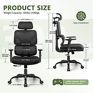 Office Chair Ergonomic Desk Chair, High Back Gaming Chair, Big and Tall Reclining Chair Breathable Mesh Comfy Home Office Desk Chair Lumbar Support Computer Chair Adjustable Arms, 3D Headrest (Black)
