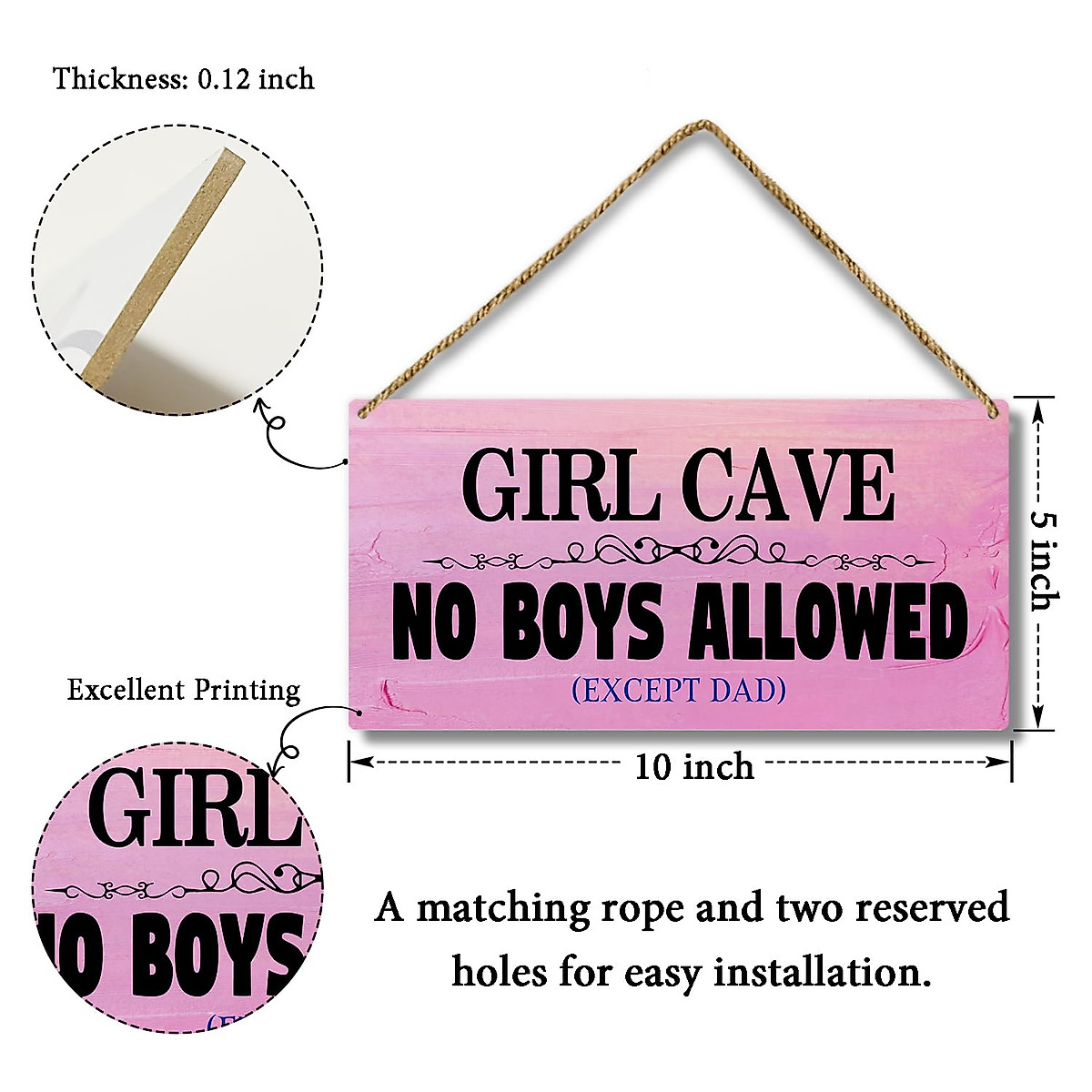 Pink Bedroom Décor Wood Plaque Sign Wall Hanging, Girl Cave No Boys Allowed Except Dad, Decor Door Wooden Hanging Sign (1pc), Art Gift for Farmhouse Bathroom Bedroom Playroom -01