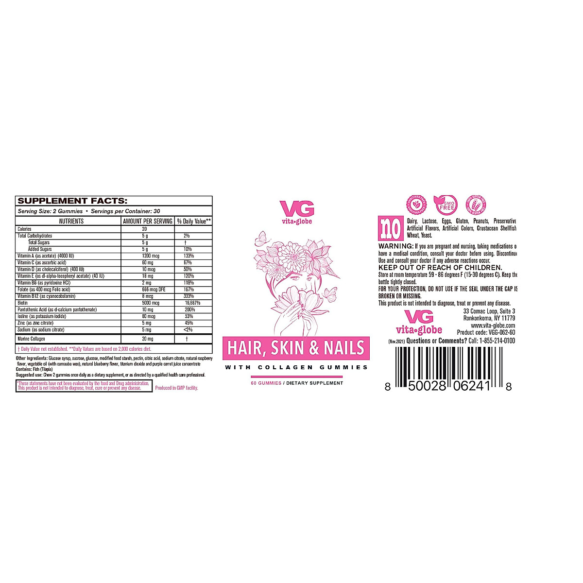 VitaGlobe Hair Skin and Nails with Collagen 20mg Gummy with Vitamin A, C, D, E, B6 & Biotin for Healthy Hair, Skin and Nails, 60 Count