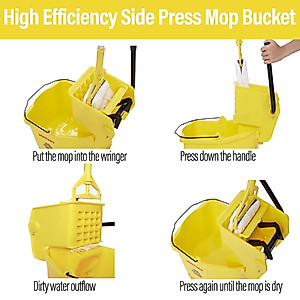 YUJOIBAN Mop and Bucket with Wringer Set - 35QT Commercial Mop Bucket with Side Press Wringer on Wheels and Industrial Mop, Heavy Duty Floor Cleaning Mop Bucket Set for Home, Shop, Restaurant, Mall