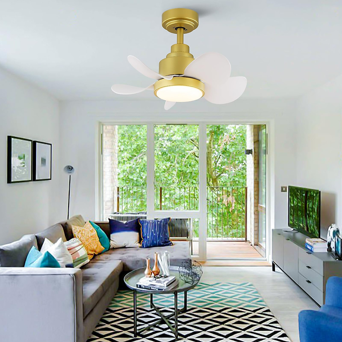 Ceiling Fan With Lights and Remote,Large Airflow 22inch Quiet Reversible Noiseless DC Motor 5 Blades Ceiling Fans for Indoor Bedroom Living Room Room Patio(White Gold)