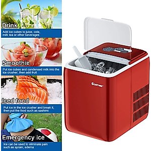 COSTWAY Ice Maker Countertop with Self-cleaning Function, Make 44 Lbs Ice in 24 Hours, Ice Cubes Ready in 8.5 Mins, Ideal for Bar Home and Office, Portable Ice Machine with Ice Scoop and Basket, Red