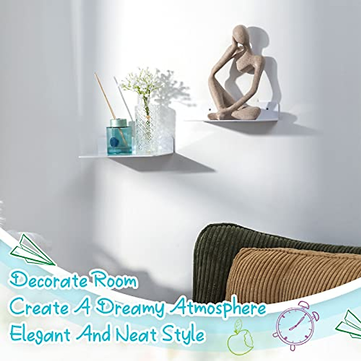 Geelin 4 Pcs Acrylic Floating Shelves White Acrylic Wall Shelf Small Wall Mounted Acrylic Shelves with Adhesive Screw for Wall Corner Bathroom Book Storage Decoration, 7.9 x 4.7 x 1.6 inches