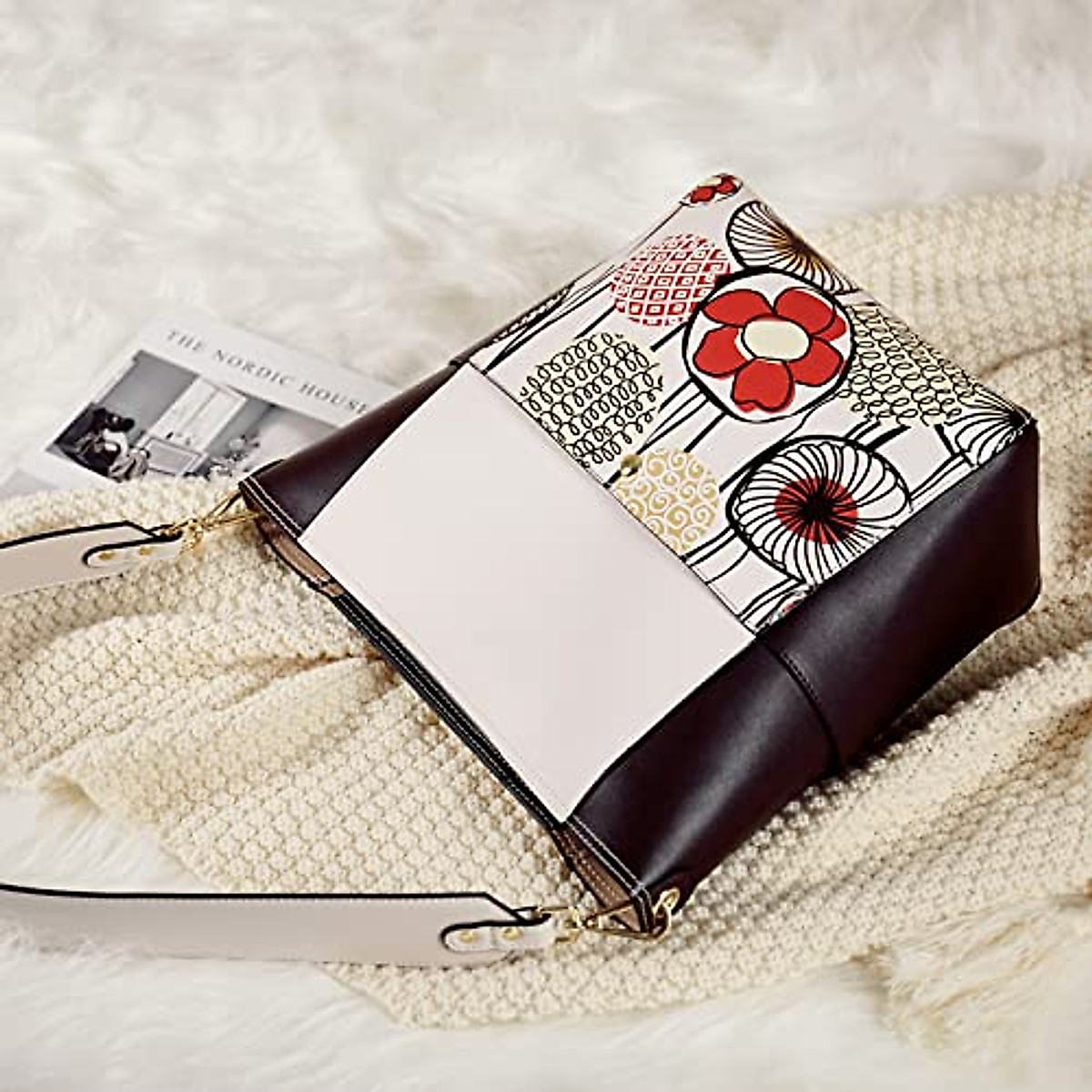 BROMEN Women Handbag Designer Vegan Leather Hobo Handbags Shoulder Bucket Crossbody Purse Printed Pattern