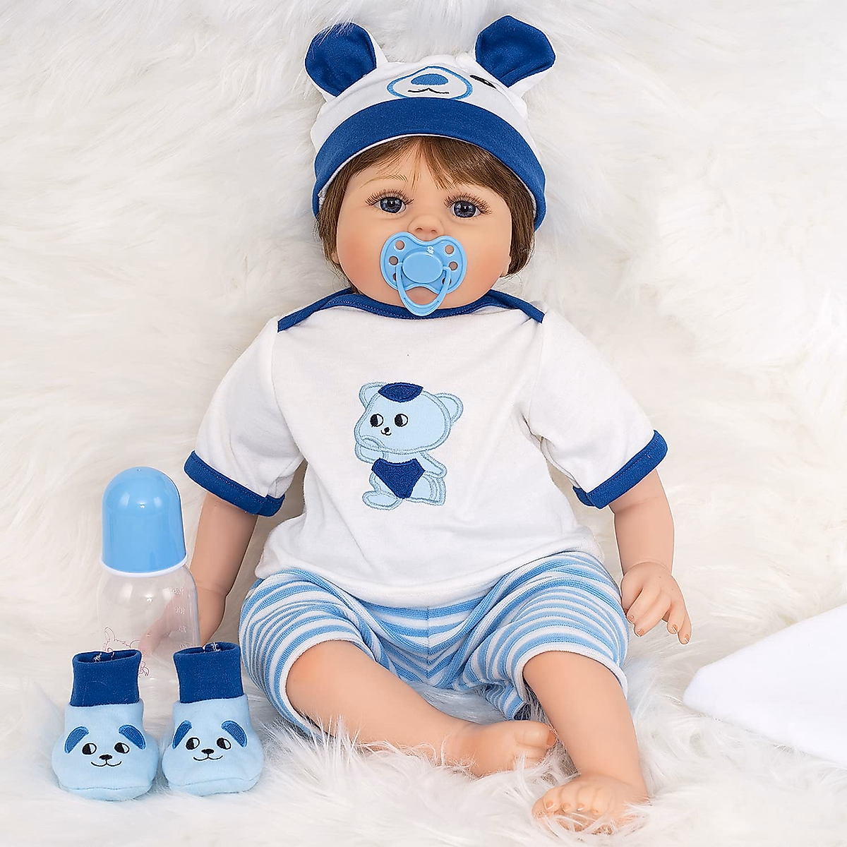 ENADOLL Reborn Baby Doll Realistic Silicone Vinyl Newborn Baby Boy 24 inch Weighted Cotton Body Lifelike Doll Gift Set for Ages 3+(Blue Bear)