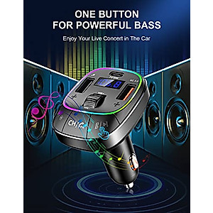 RIWUSI Bluetooth Car Adapter, [PD 30W+QC 3.0] [Stronger Dual Mic & Bass Boost] Bluetooth 5.0 FM Transmitter for Car, Hands-Free Music Player/Car Kit with Stunning 8 Colors Backlit & U Disk