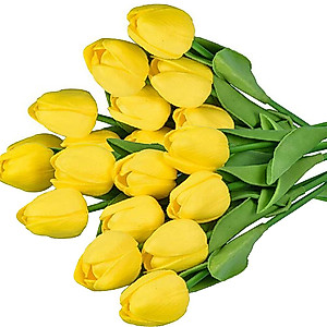 BOMJJOR 20 Heads Tulips Artificial Flowers Real Touch Tulips Silk Artificial Tulips Flower Bouquet for Room Centerpiece Party Wedding Office Garden Home Decor 13.4" Authentic PU Tulips (Yellow)