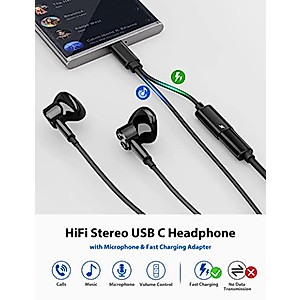 USB C Headphone for Samsung Galaxy S23 Ultra S22 A53, Type C Headphone Charging Adapter 2-in-1 Wired Earbuds with Mic PD Fast Charging Noise Canceling Earphone for Google Pixel 7 Pro 6 6A Flip 3