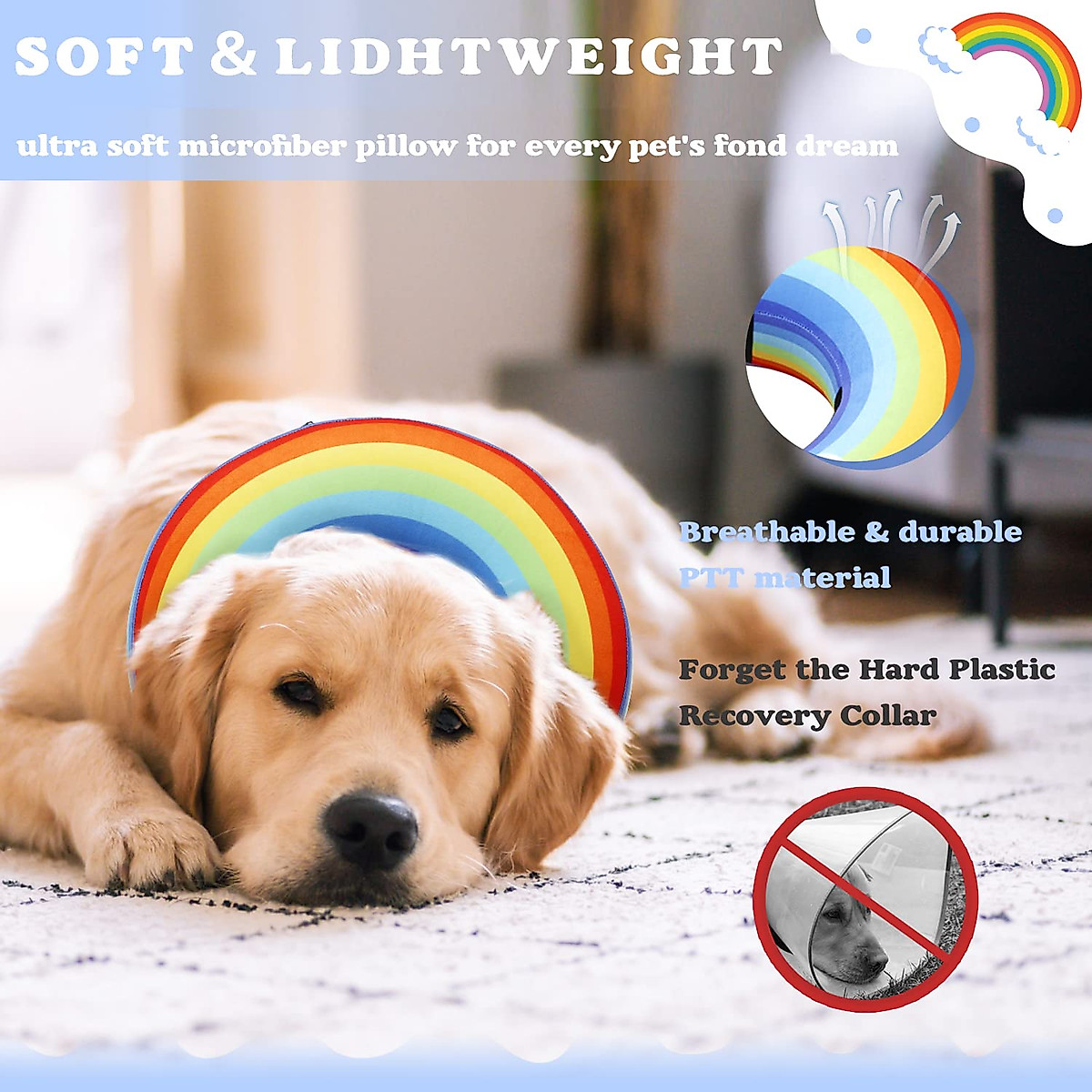 Inflatable Rainbow Protective Dog Donut Cone Collar for Dogs Cats-Soft Recovery Adjustable E-Collar Dog Neck Donut Cone Alternative After Surgery to Prevent from Biting Licking Scratching