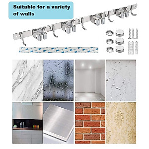 Mokife Mop Broom Holder Wall Mount Heavy Duty Adhesive Tools Organizer Rack Stainless Steel with 4 Positions 5 Hooks for Utility Room, Garage, Laundry, Garden, Kitchen, Bathroom, Toilet and Office