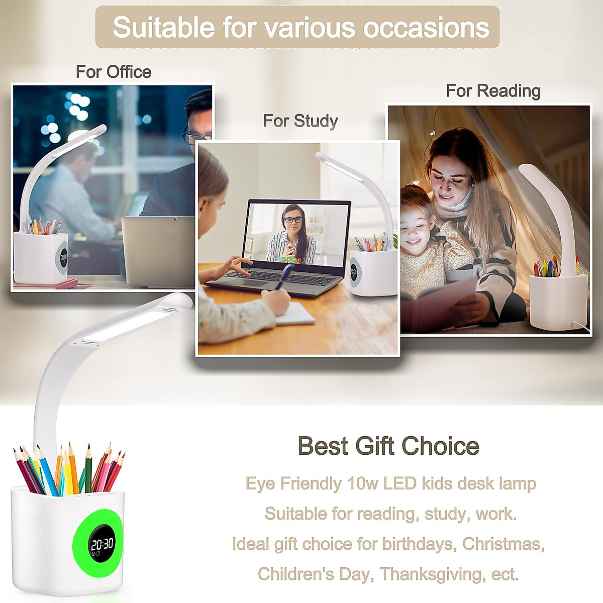 YOUKOYI LED Desk Lamp, Desk Lamps for Home Office, 10W Dimmable Study Desk Light with Pen Holder&Colorful Night Light&Clock, Kids Desk Lamp- 4 Lighting Modes&5 Brightness Level, Eye-Care Reading lamp