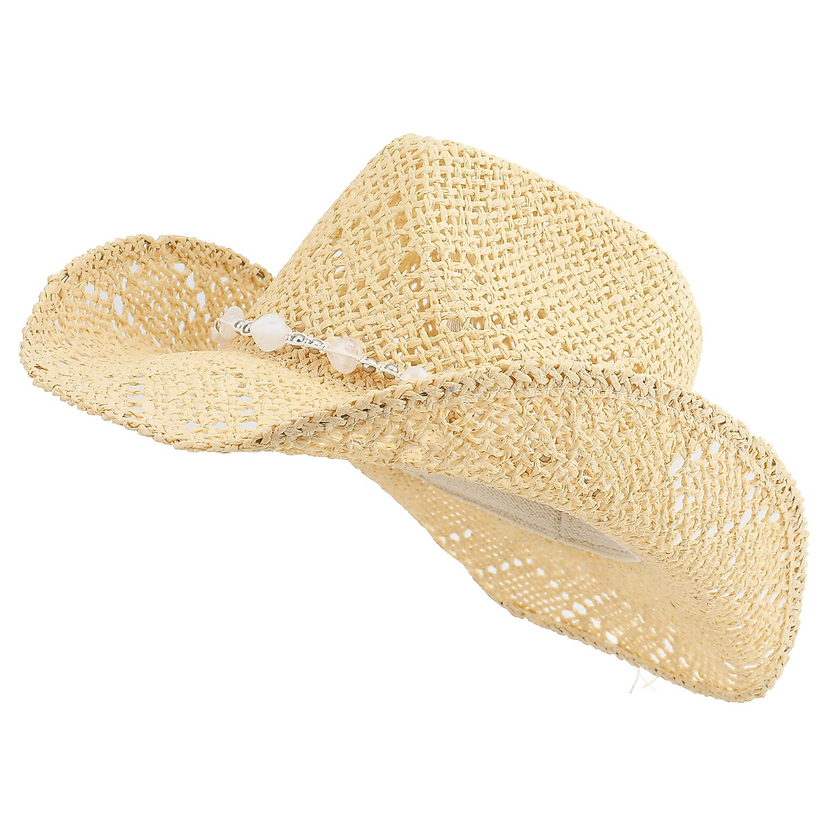 Pro Celia Men Women Cowgirl Straw Western Cowboy Hat (Bead-Beige)