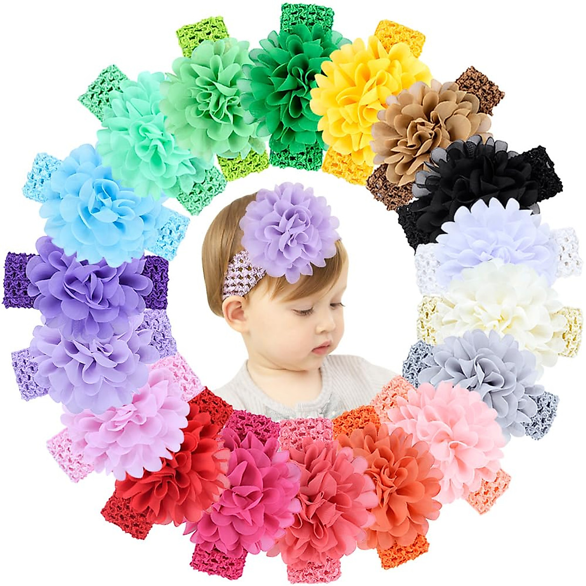 jollybows 18pcs Baby Girls Headband Chiffon Flower Soft Stretchy Hair Band Hair Accessories for Baby Girls Newborns Infants Toddlers and Kids