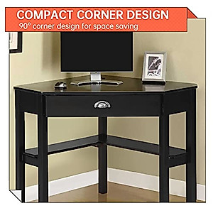 Corner Desk Corner Computer Desk with Drawer for Small Space Makeup Vanity Desk 90 Degrees Triangle Corner Desk with Storage Shelves, Home Office Workstation for Living Room, or Bedroom (Black)