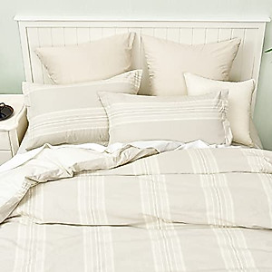 David's Home 100% Washed Cotton Duvet Cover Set Queen Size, Chambray Stripe Duvet Cover with Pillow Shams, 3pcs Ultra Soft and Breathable Comforter Cover Set, 90x 90 Inches, Khaki