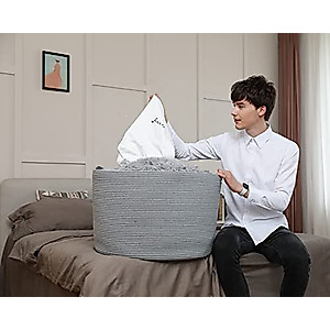 24" x 24" x 17" Max Size Large Cotton Rope Basket, Extra Large Storage Basket, Woven Laundry Hamper, Cloth Storage Bin, for Blankets Clothes Towels Pillows in Living Room, Full Grey