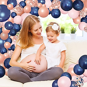 JULLIZ 144pcs Rose Gold Navy Blue and Pink Gender Reveal Balloon Garland Confetti Balloons for Graduation Shower Wedding Graduation Birthday Party Decoration