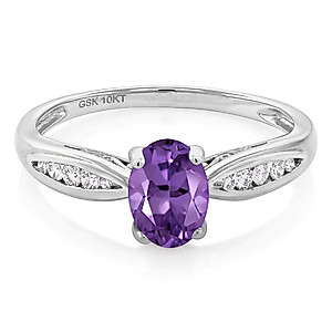 Gem Stone King 10K White Gold 7X5MM Oval Gemstone Birthstone and Diamond Engagement Ring | Wedding Engagement Anniversary Promise Gold Ring For Women | Size 5,6,7,8,9