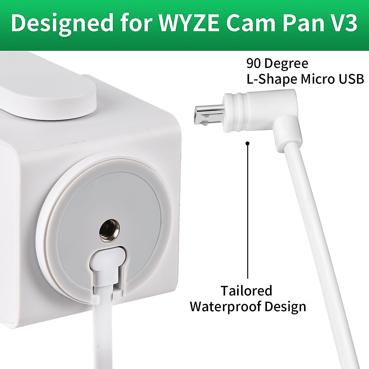 delilyn 2Pack 25FT/7.5M Power Extension Cable Compatible with WYZE Cam Pan V3, 90 Degree Micro USB Extension Charging Cable for Your WYZE Cam Pan V3 Continuously, L-Shaped Flat Power Cord-White