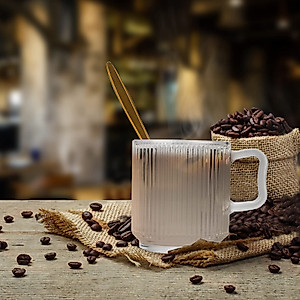 tronco 12 OZ Glass Coffee Mug with Bamboo Lid and Cherry Blossoms Spoon, 2 Pack Classical Vertical Stripes Glass Tea Cup, Coffee Glasses, Pretty Coffee Mug, Ideal for Milk, Latte, Juice, Tea, Water