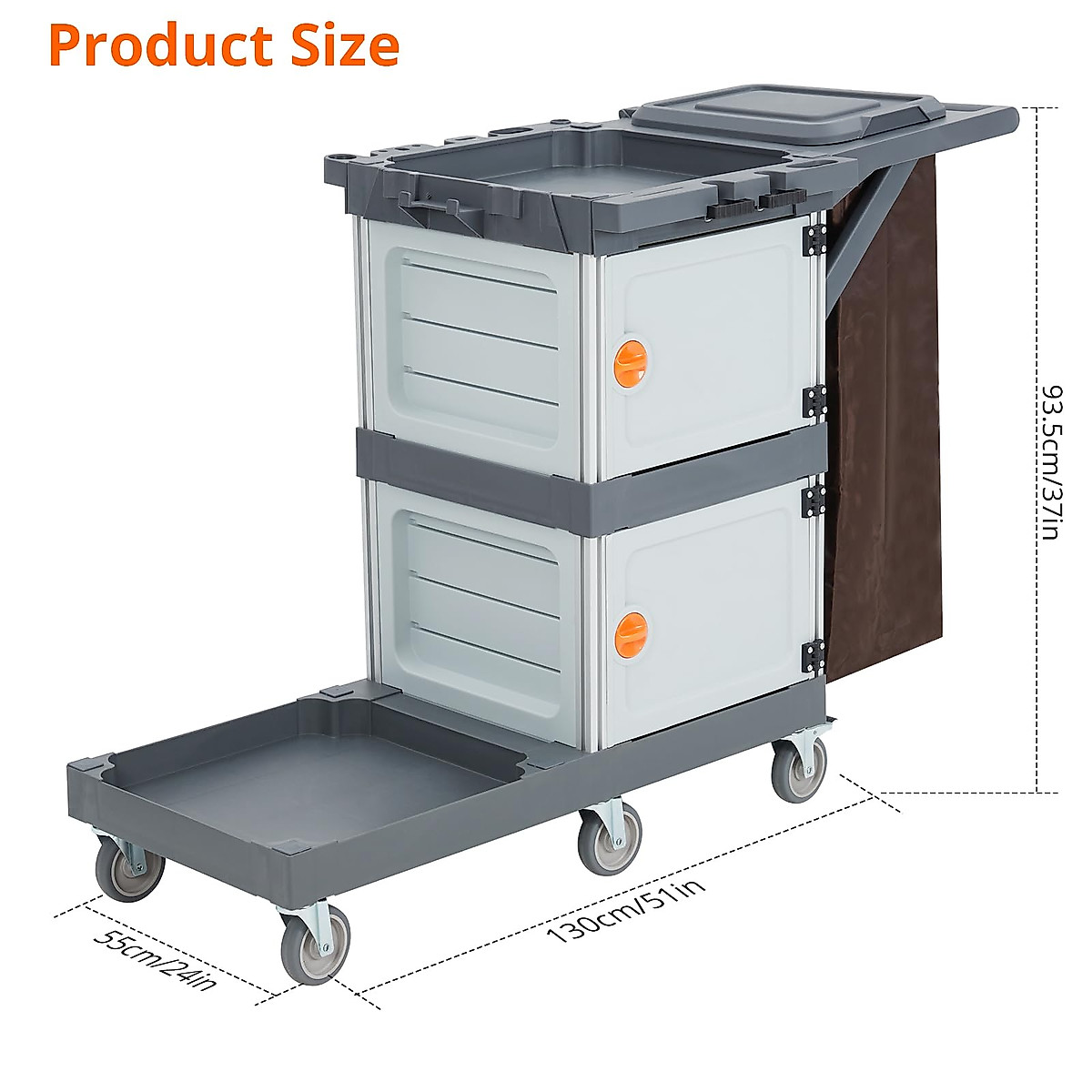Commercial Janitorial Cart with Cabinet, 3-ply Multi-Purpose Engineered Plastic Housekeeping Cart with 30 Gallon Bag Hand Push Utility Cart, 200 lbs Load Capacity