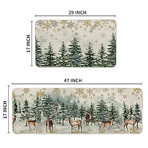 Artoid Mode Xmas Trees Deer Snowflakes Christmas Kitchen Mats Set of 2, Winter Home Decor Low-Profile Kitchen Rugs for Floor - 17x29 and 17x47 Inch