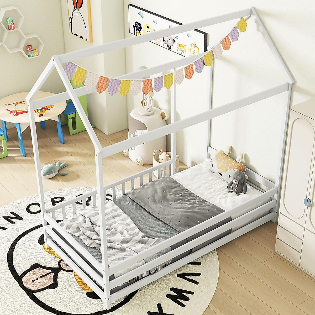 KOMFOTT Twin Size Floor House Bed, Wooden Montessori Bed with Roof & Full-Length Safety Guardrail, Floor Playhouse Bed Frame for Kids, Girls, Boys (White)