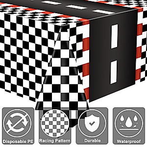 2 PCS Racing Car Plastic Tablecloths Car Theme Disposable Party Tablecloths Black Checkered Flag Table Covers Racetrack Rectangular Tablecloth for Boys Birthday Baby Shower Home Decor, 54 x 108 Inch