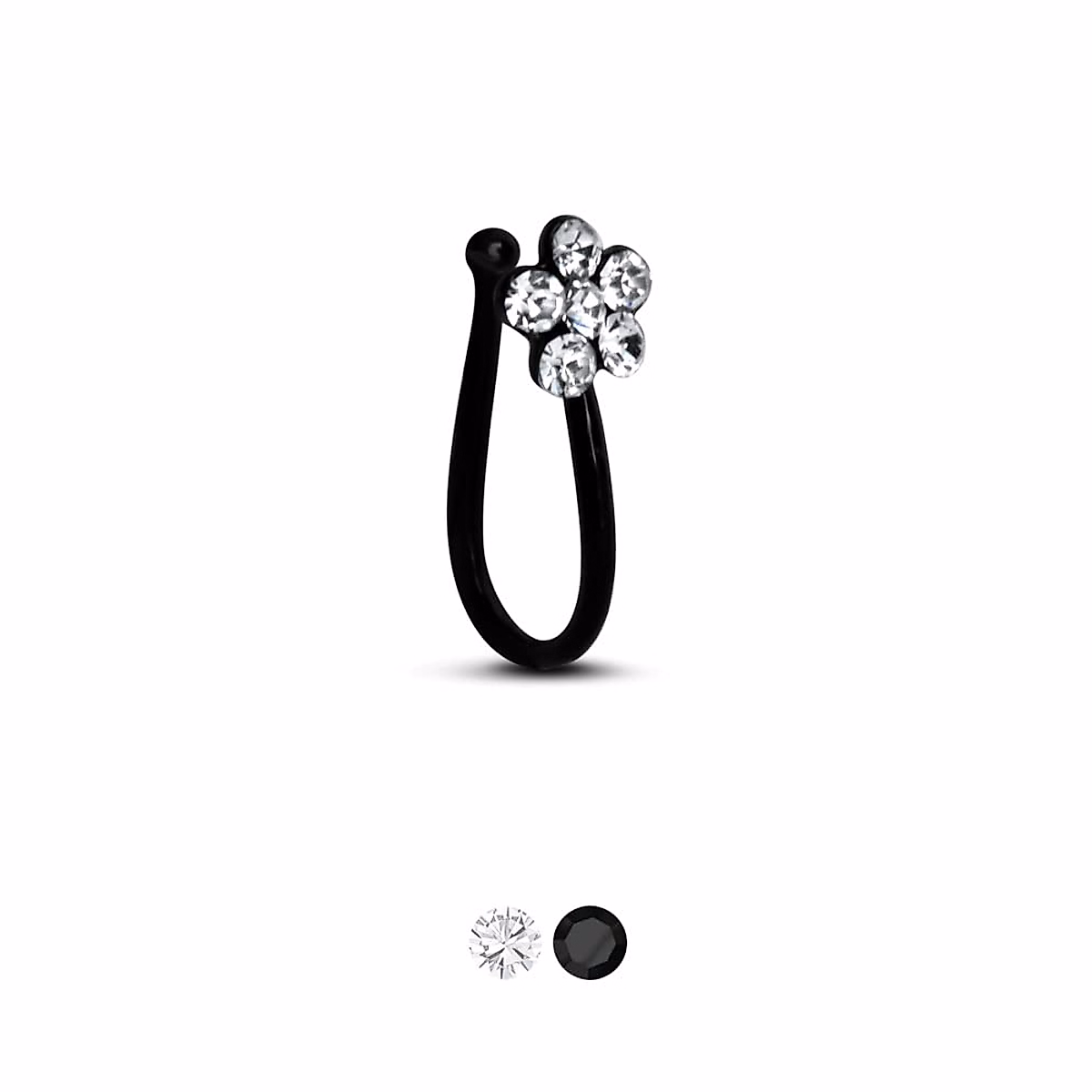 Black-Tone 925 Sterling Silver Fake Nose Hugger Clip On Non Piercing Clear Flower Nose Ring