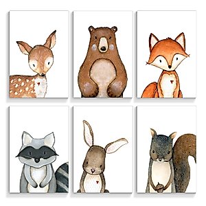 6 Pieces Woodland Animals Nursery Canvas Wall Art Cute Safari Jungle Animal Deer Bear Bunny Pictures Baby Room Posters Farmhouse Forest Theme Fox Squirrel Raccoon Prints Decor 8x10in Unframed