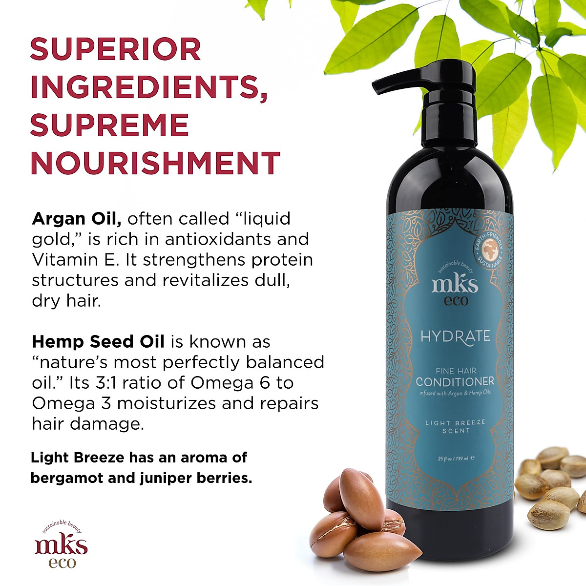 MKS eco Hydrate Conditioner for Fine Hair, Light Breeze - 25 fl oz - Locks in Moisture & Improves Shine - Moroccan Argan Oil, Hemp Seed Oil - Vegan, Cruelty Free