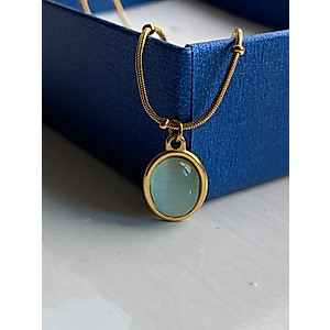 Moonffay Green Created Opal Stone Pendant Gold Necklace for Women,Charm Plated 18k Gold Stainless Steel Snake Chain Non Tarnish Choker Necklaces Woman Jewelry
