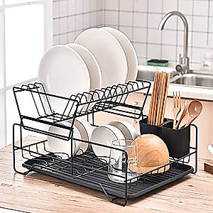 Lanrinwon Black Dish Drying Rack,2 Tier Stainless Steel Chrome Dish Racks for Kitchen Counter Sink Large Dish Drainer with Removable Black Drainboard