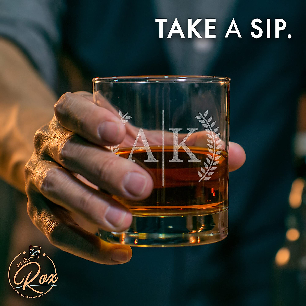 On The Rox Drinks Personalized Whiskey Gifts for Men - 11 oz Engraved Split Monogrammed Whiskey Glass Set of 2 - Customized Cocktail Glass - Bourbon, Scotch, Rocks, Brandy