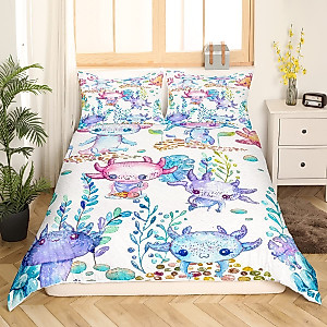 Erosebridal Cartoon Axolotl Duvet Cover Full for Kids Boys Girls Toddlers,Kawaii Axolotl Bedding Set,Coastal Ocean Sealife Comforter Cover with 2 Pillowcases