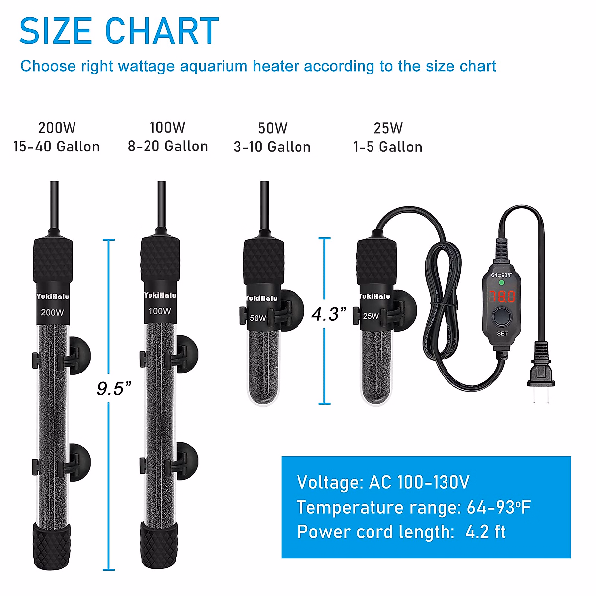 YukiHalu Small Submersible Aquarium Heater, Adjustable Mini Fish Tank Heater 25W 50W 100W 200W 300W with External Temperature Controller, LED Display, Used for 5/10/20/40/60 Gallons (50 Watts)