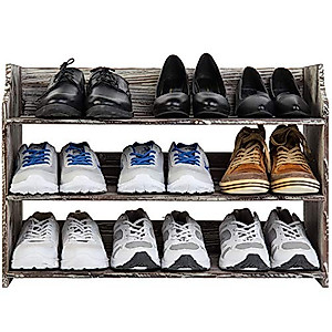 MyGift 3 Tier Rustic Torched Wood Wall Mounted/Freestanding Entryway Shoe Rack Storage Shelves, Closet Organizer Shelf