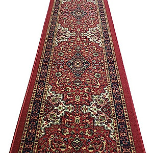 Rubber Backed Hallway Runner Rug, 31 x 120 inch, Persian Medallion Carmine Red, Non Slip, Kitchen Rugs and Mats