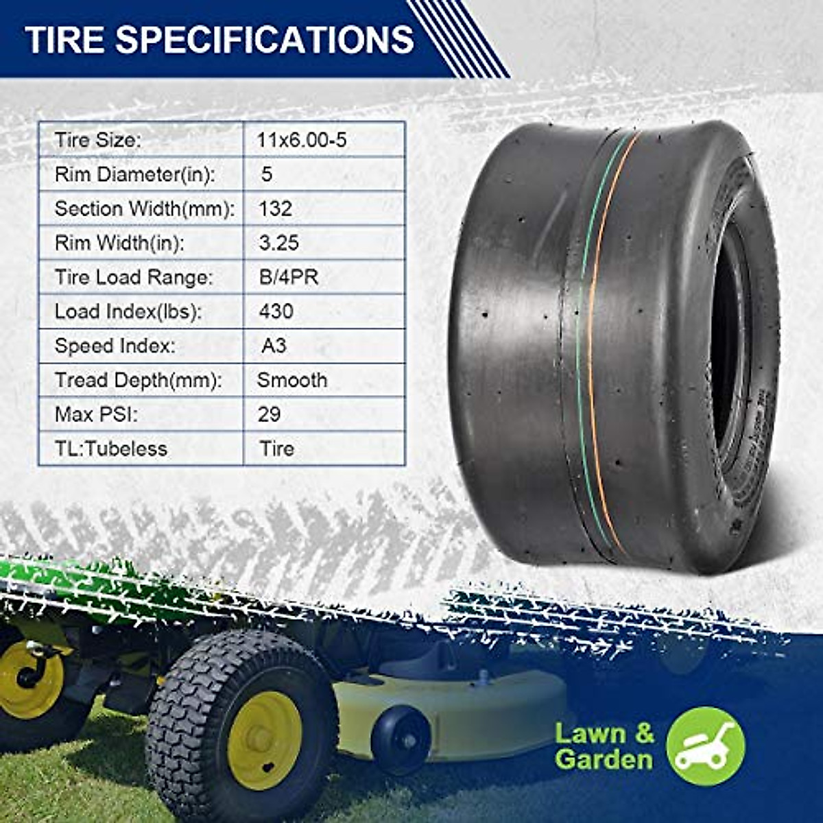 MaxAuto 11x6.00-5 Smooth Lawn & Garden Tire for Zero Turn Mower or Go-Kart,2Pcs