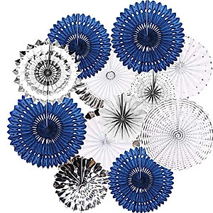 12PCS Navy Blue Silver Party Paper Fan Hanging Paper Fan Rosettes Party Garland for Boy Baby Shower Birthday Bachelorette Gender Reveal Graduation 2022 Navy Wedding Bridal Shower