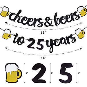 25th Birthday Decorations Cheers and Beers to 25 Years Banner Black Glitter Happy Birthday Wedding Anniversary Party Supplies