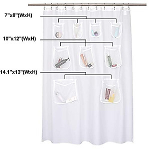 N&Y HOME Waterproof Fabric Shower Curtain or Liner with 9 Mesh Pockets - White, 71x72 Inches