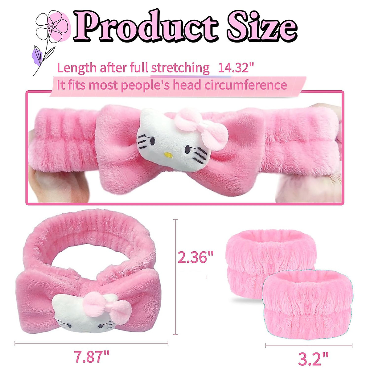 Frumiwca Skincare Headband Spa Headband and Wristband Set for Washing Face Kawaii Kitty Pink Cute Bubble Makeup Headband Kit for Women Knotted Bow Kawaii Skin Care Accessories (3PCS, Pink)