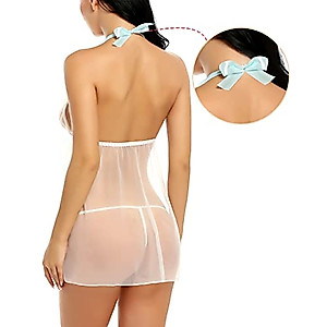 Avidlove Women Transparent Sexy Lingerie Mesh Halter Babydoll Stain Chemises,White,Medium