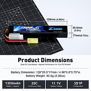 Zeee 3S Airsoft Lipo Battery 1300mAh 11.1V 25C 3S Stick Battery with Mini Tamiya Connector for Airsoft Guns Rifle