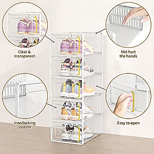 Gardace 12 Pack Shoe Storage Boxes，Clear Plastic Stackable Shoe Organizer for Closet，Foldable Shoe Rack Sneaker Container Bins Holders，with Yellow Door Handle
