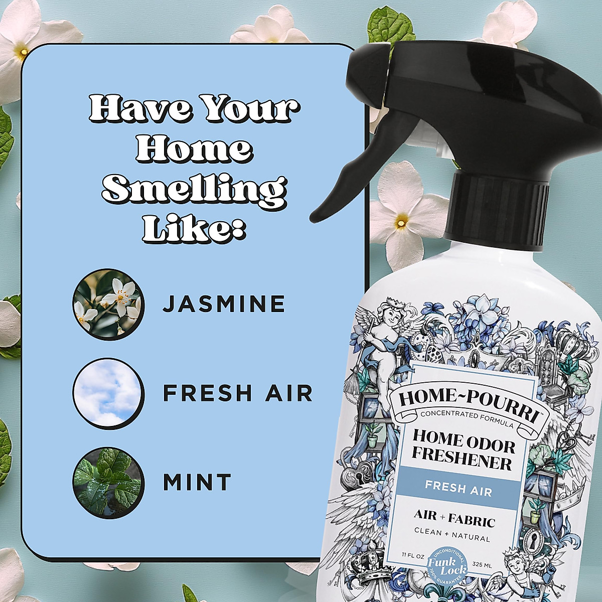 Home-Pourri Air + Fabric Multi-Purpose Odor Eliminator, Fresh Air, 11 Fl Oz - Jasmine, Fresh Air and Mint