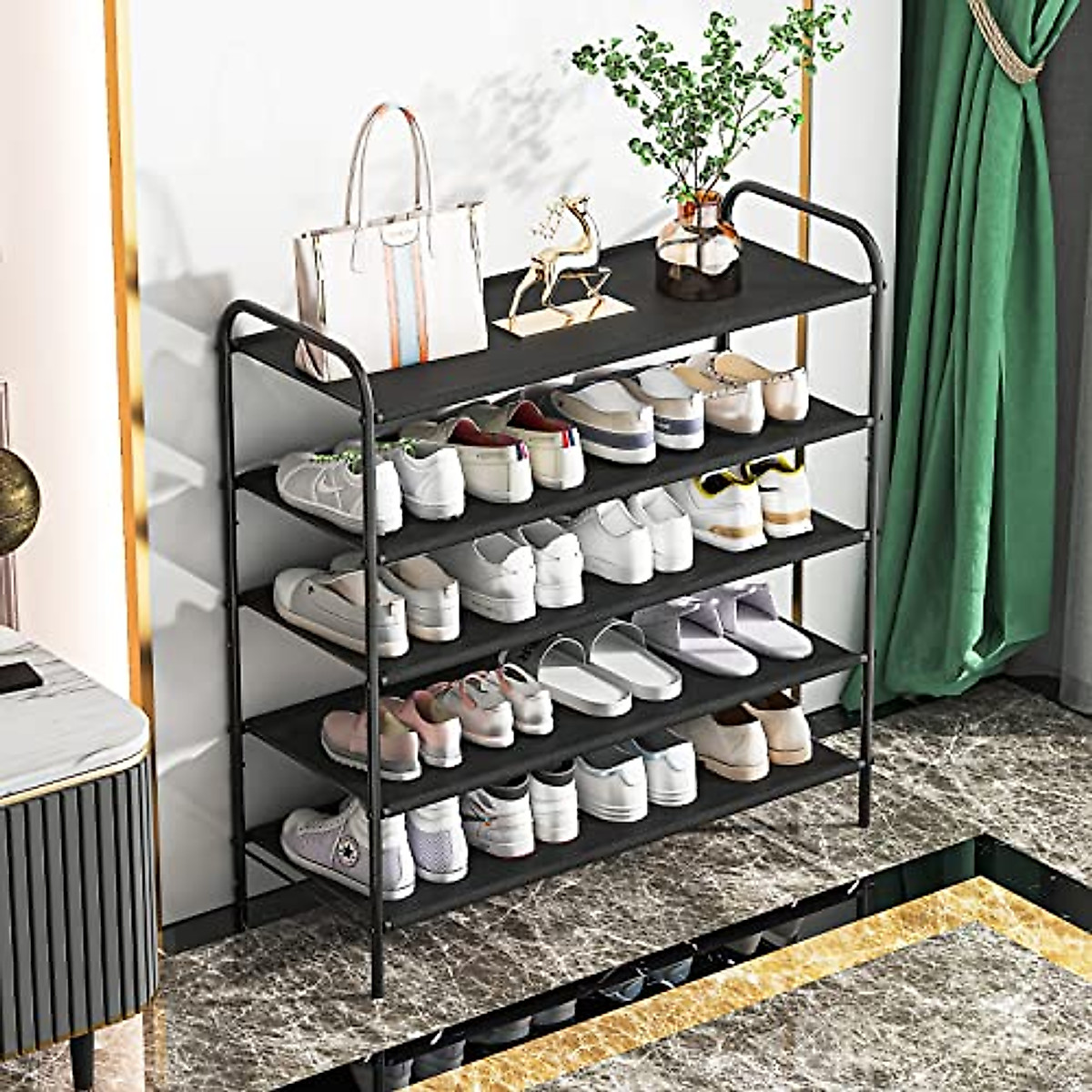 Wisdom Star 5 Tier Stackable Shoe Rack Organizer Storage, Adjustable Fabric Shoe Shelf for Closet Closet Hallway Bedroom Entryway, Black
